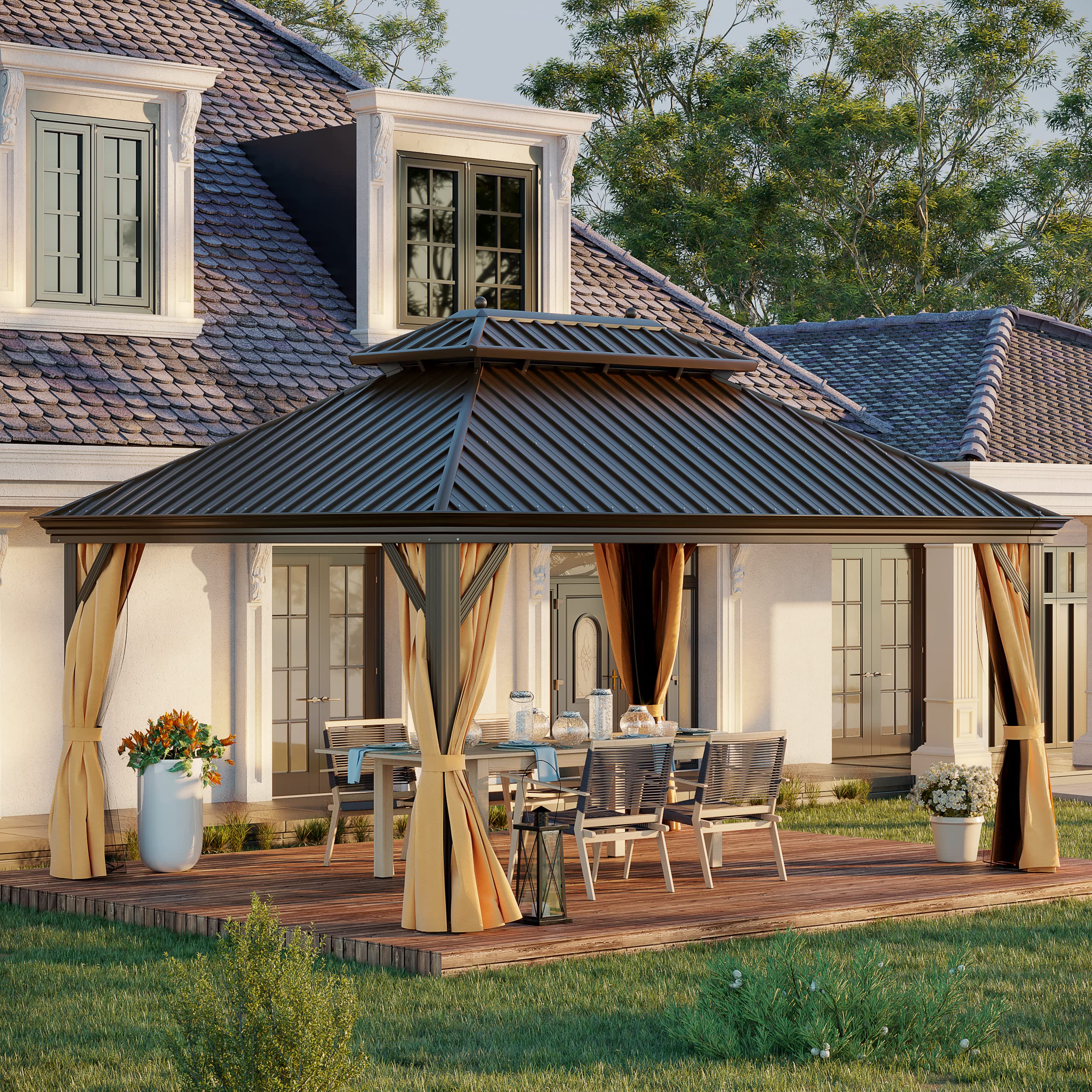 GAZEBEST 12' X 16' Hardtop Gazebo, Outdoor Galvanized Steel Double Roof Permanent Aluminum Frame Pavilion Pergola Canopy with Privacy Curtains for Garden, Patio, Backyard, Deck and Lawns.