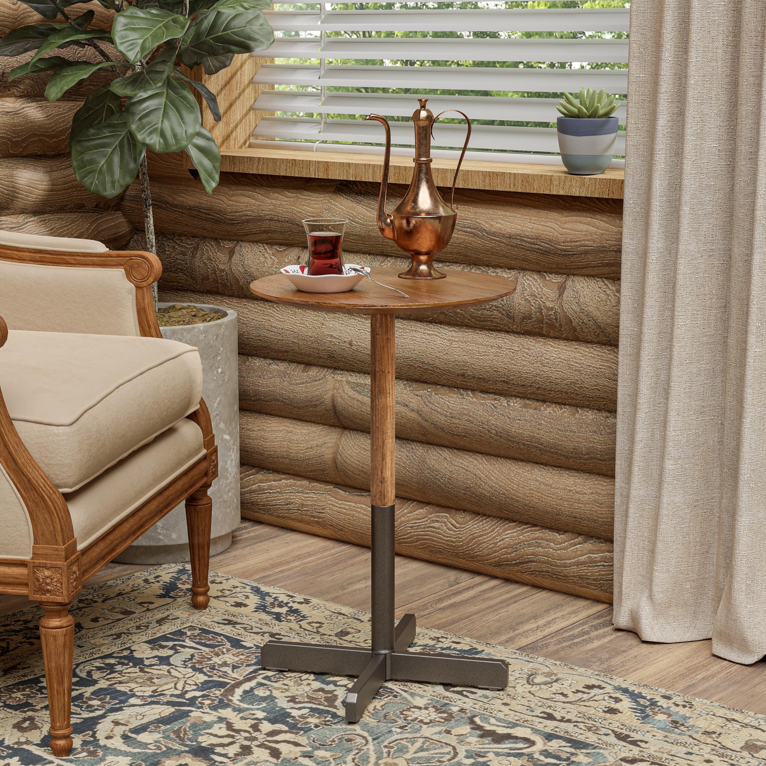 Small Pedestal End Table Modern Drink with Solid Fir Wood Top and Metal Base Light Walnut Dark Grey Brown Contemporary Round Distressed Painted Handmade