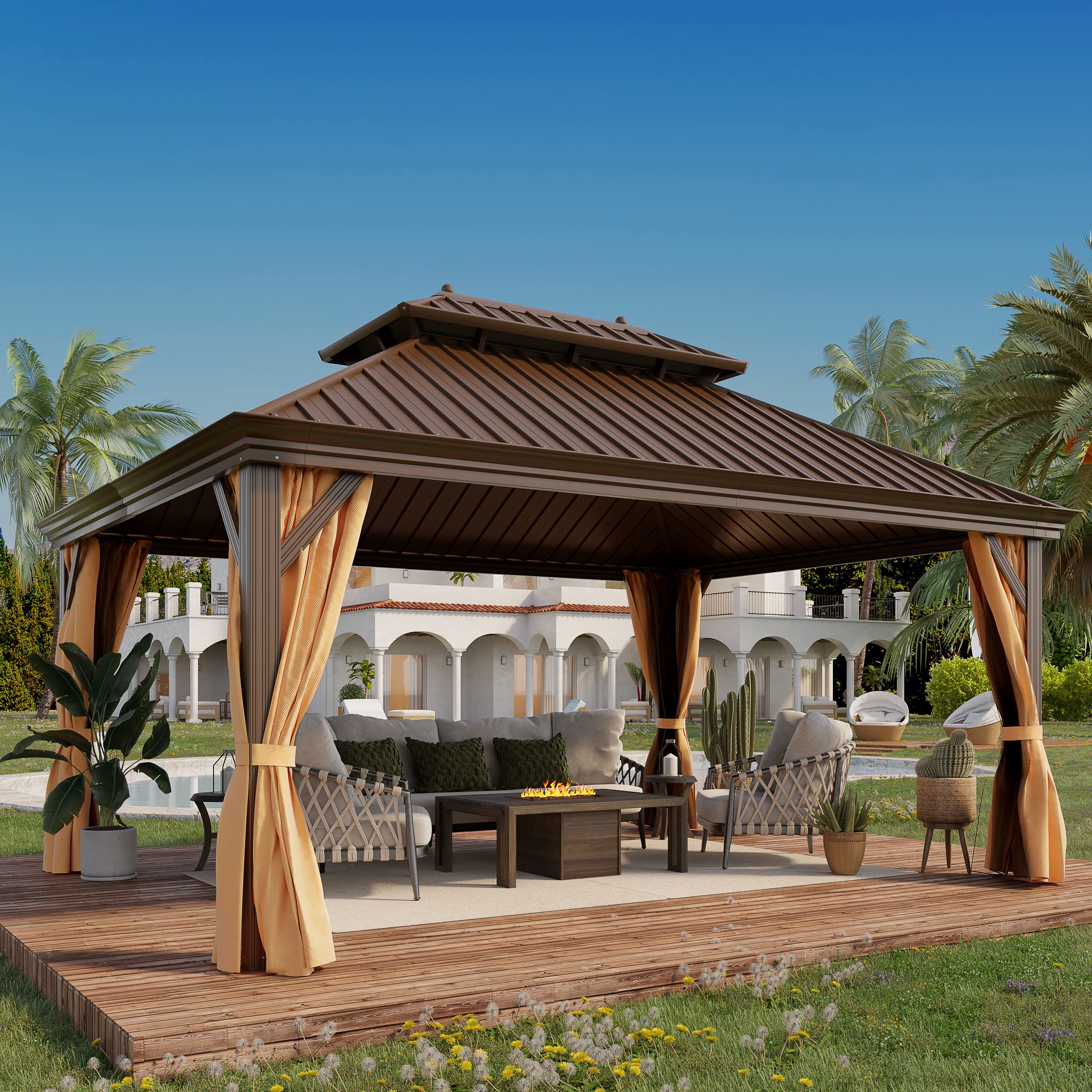 GAZEBEST 12' X 16' Hardtop Gazebo, Outdoor Galvanized Steel Double Roof Permanent Aluminum Frame Pavilion Pergola Canopy with Privacy Curtains for Garden, Patio, Backyard, Deck and Lawns.