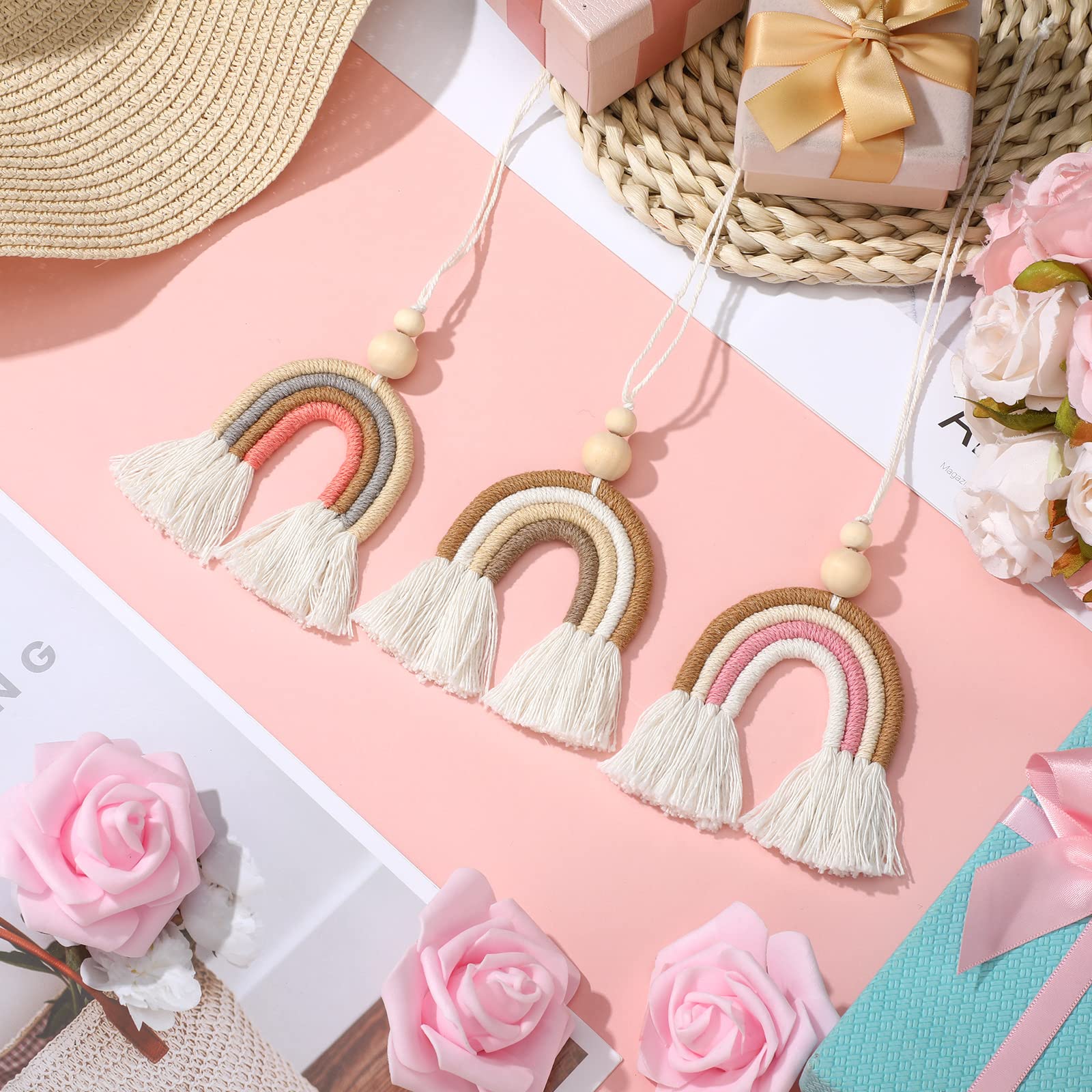 Frienda 3 Pieces Boho Rainbow Car Charm Essential Oil Diffusers for Car Cute Air Fresheners Handmade Hanging Accessories Decor(Beautiful Style)