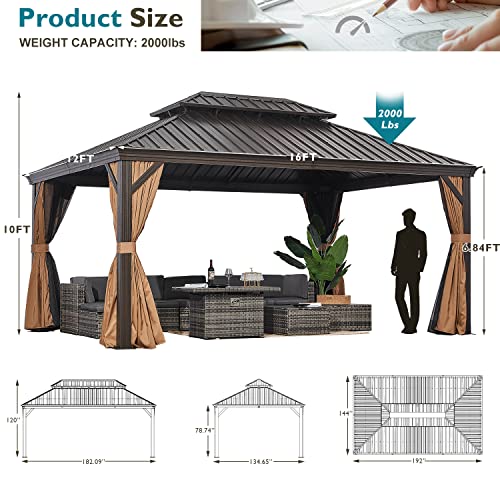 Binplax Outdoor Hardtop Gazebo Polycarbonate Double Roof Canopy Curtains Aluminum Frame with Netting for Garden, Patio (Metal Top, 12 * 16')