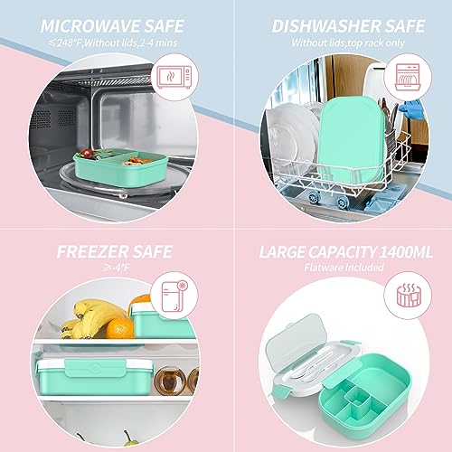 RGNEIN Bento Box Adult Lunch Box, 1300 ML 4-Compartment Bento Lunch Box for Kids, No BPA, Lunch Containers for Adults Come with Fork and Spoon, Leak Proof, Microwaveable, Dishwasherable (Green)
