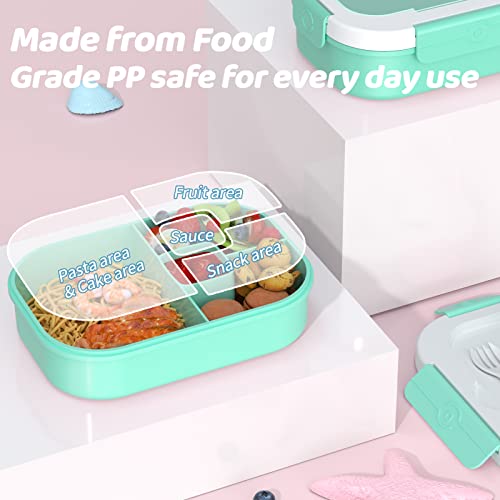 RGNEIN Bento Box Adult Lunch Box, 1300 ML 4-Compartment Bento Lunch Box for Kids, No BPA, Lunch Containers for Adults Come with Fork and Spoon, Leak Proof, Microwaveable, Dishwasherable (Green)