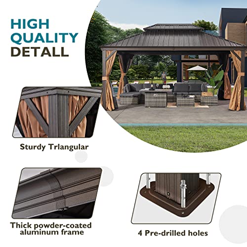 Binplax Outdoor Hardtop Gazebo Polycarbonate Double Roof Canopy Curtains Aluminum Frame with Netting for Garden, Patio (Metal Top, 12 * 16')