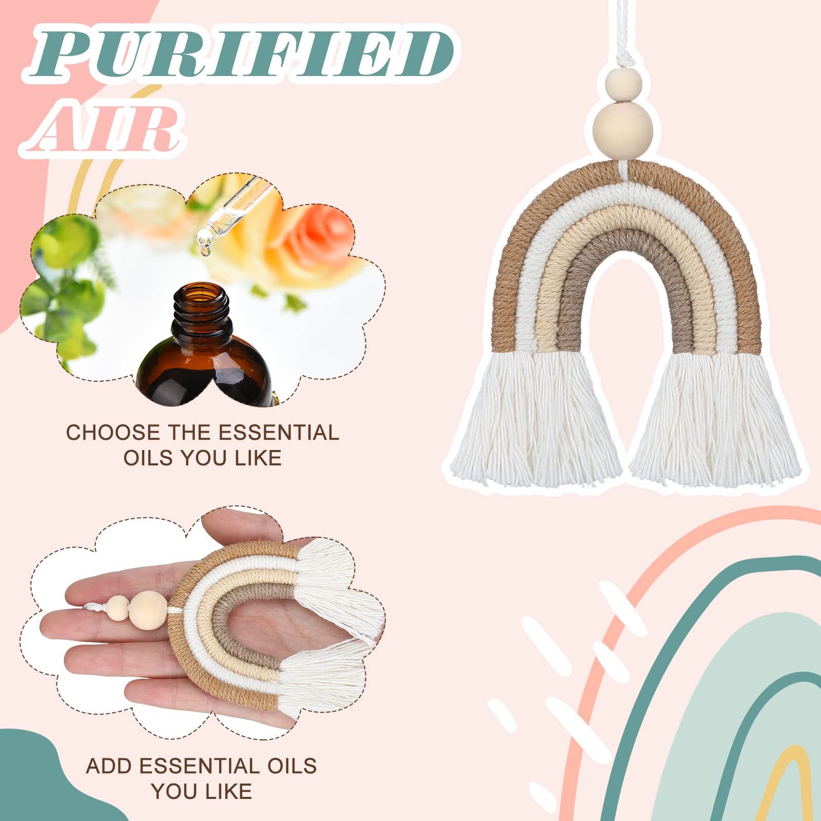 Frienda 3 Pieces Boho Rainbow Car Charm Essential Oil Diffusers for Car Cute Air Fresheners Handmade Hanging Accessories Decor(Beautiful Style)
