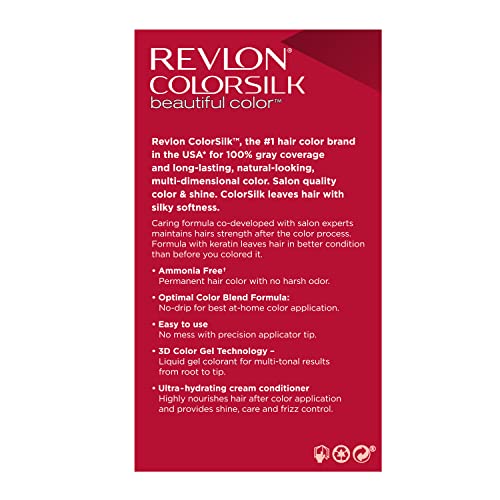 Revlon Colorsilk Beautiful Color Permanent Hair Color, Long-Lasting High-Definition Color, Shine & Silky Softness with 100% Gray Coverage, Ammonia Free, 042 Medium Auburn, 1 Pack