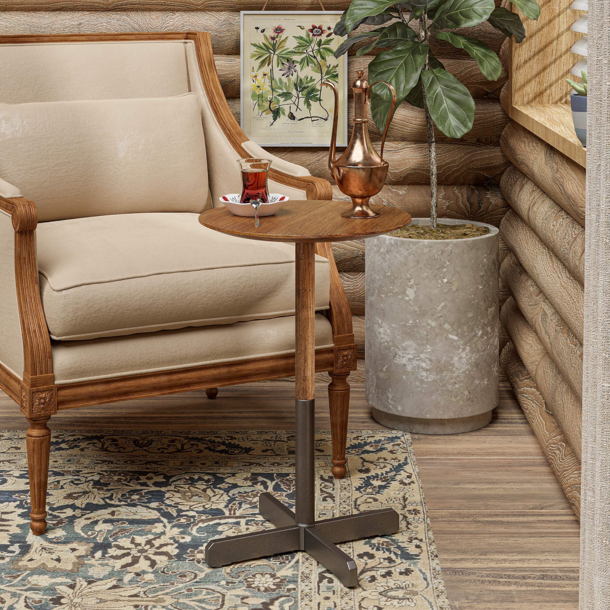 Small Pedestal End Table Modern Drink with Solid Fir Wood Top and Metal Base Light Walnut Dark Grey Brown Contemporary Round Distressed Painted Handmade