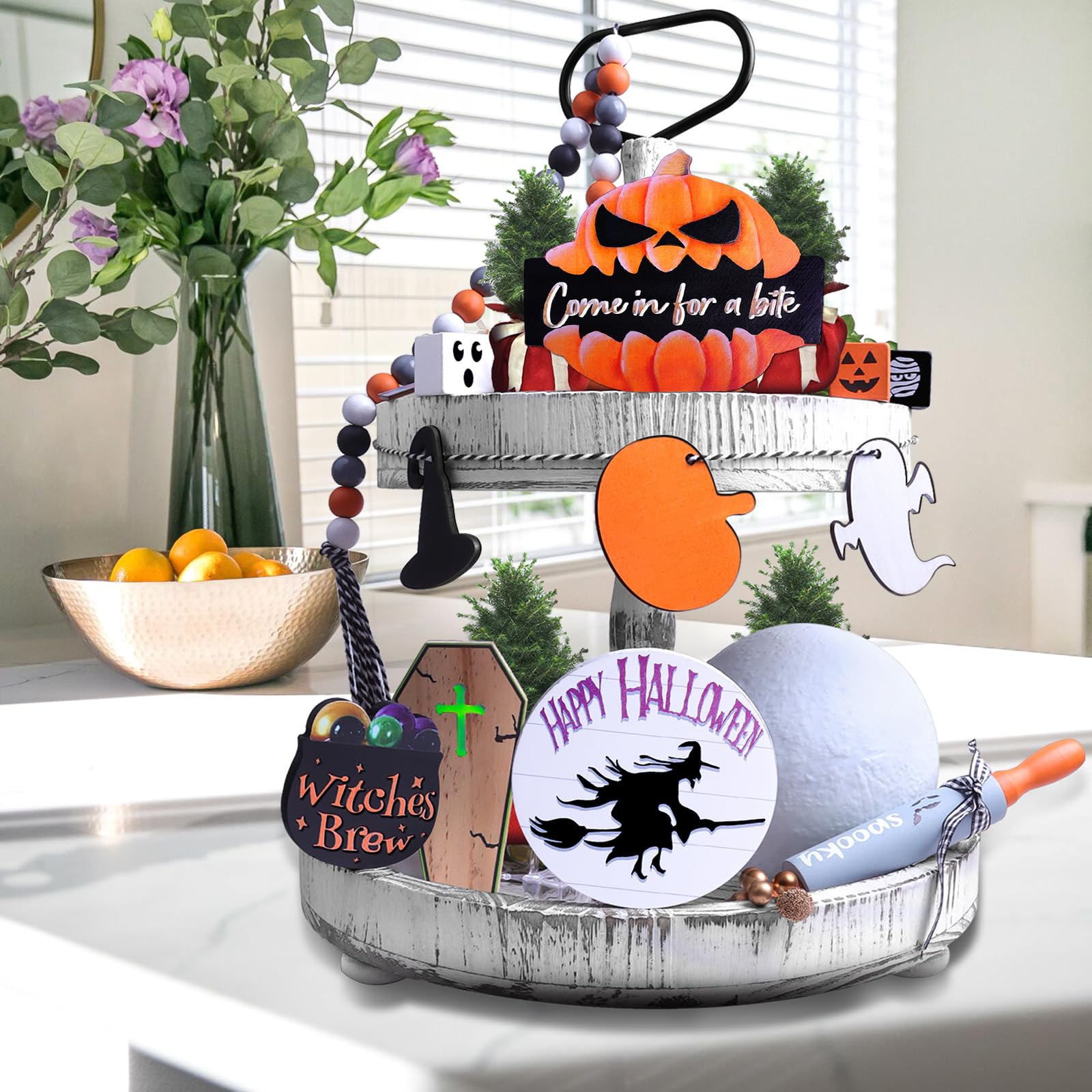 FEEIN Halloween Tiered Tray Decor Set Halloween Wooden Signs Fall Pumpkin Tiered Tray Decoration Items for Indoor Home Table House Room Kitchen Party