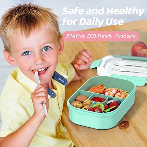 RGNEIN Bento Box Adult Lunch Box, 1300 ML 4-Compartment Bento Lunch Box for Kids, No BPA, Lunch Containers for Adults Come with Fork and Spoon, Leak Proof, Microwaveable, Dishwasherable (Green)