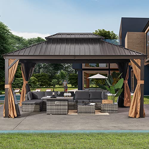 Binplax Outdoor Hardtop Gazebo Polycarbonate Double Roof Canopy Curtains Aluminum Frame with Netting for Garden, Patio (Metal Top, 12 * 16')