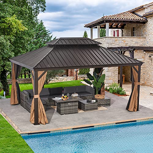 Binplax Outdoor Hardtop Gazebo Polycarbonate Double Roof Canopy Curtains Aluminum Frame with Netting for Garden, Patio (Metal Top, 12 * 16')