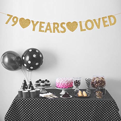Gold 79 Year Loved Banner, Gold Glitter Happy 79th Birthday Party Decorations, Supplies