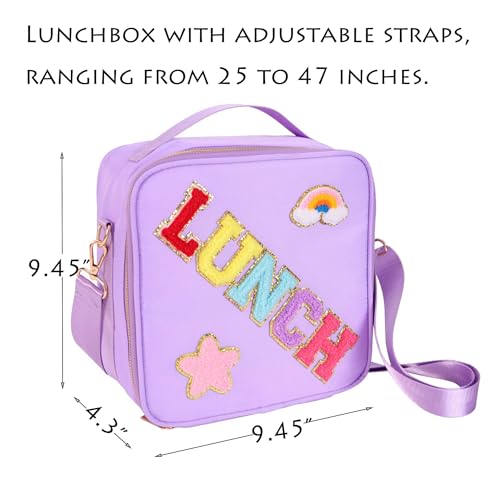 HASOIY Personalized Colorful Letter Patch Insulated Lunch Bag Custom Glitter Varsity Letters Reusable Lunchbox For Kids (purple)