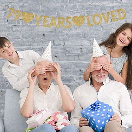 Gold 79 Year Loved Banner, Gold Glitter Happy 79th Birthday Party Decorations, Supplies