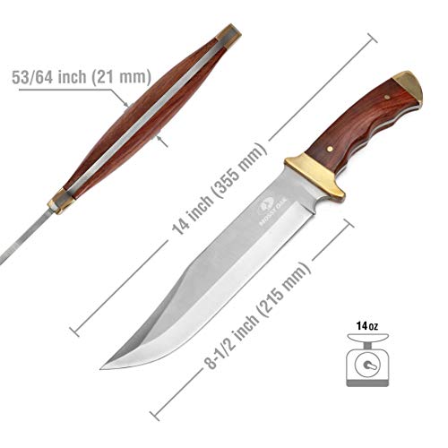 Mossy Oak 14-inch Bowie Knife, Full-tang Fixed Blade, Wood Handle Hunting Knife with Leather Sheath for Camping, Hiking, Survival