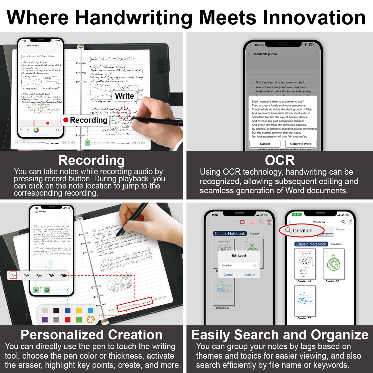 Ophayapen Digital Smart Pen Notebook and Writing Board Set, Real-time Sync for Digitizing, Convert to Text,Storing, and Sharing Paper Notes, Compatible with Smartphone (Android and iOS)