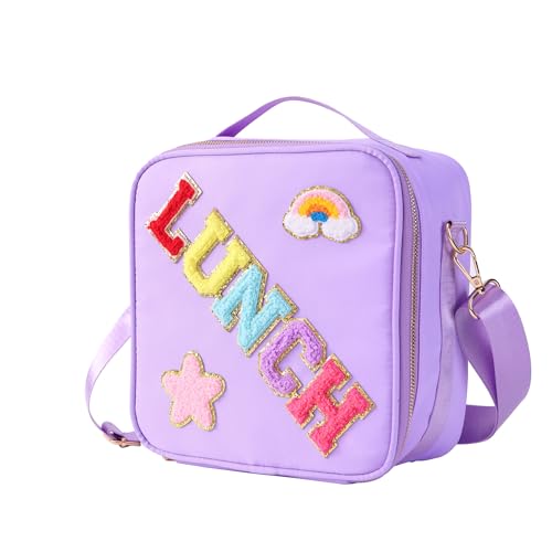 HASOIY Personalized Colorful Letter Patch Insulated Lunch Bag Custom Glitter Varsity Letters Reusable Lunchbox For Kids (purple)