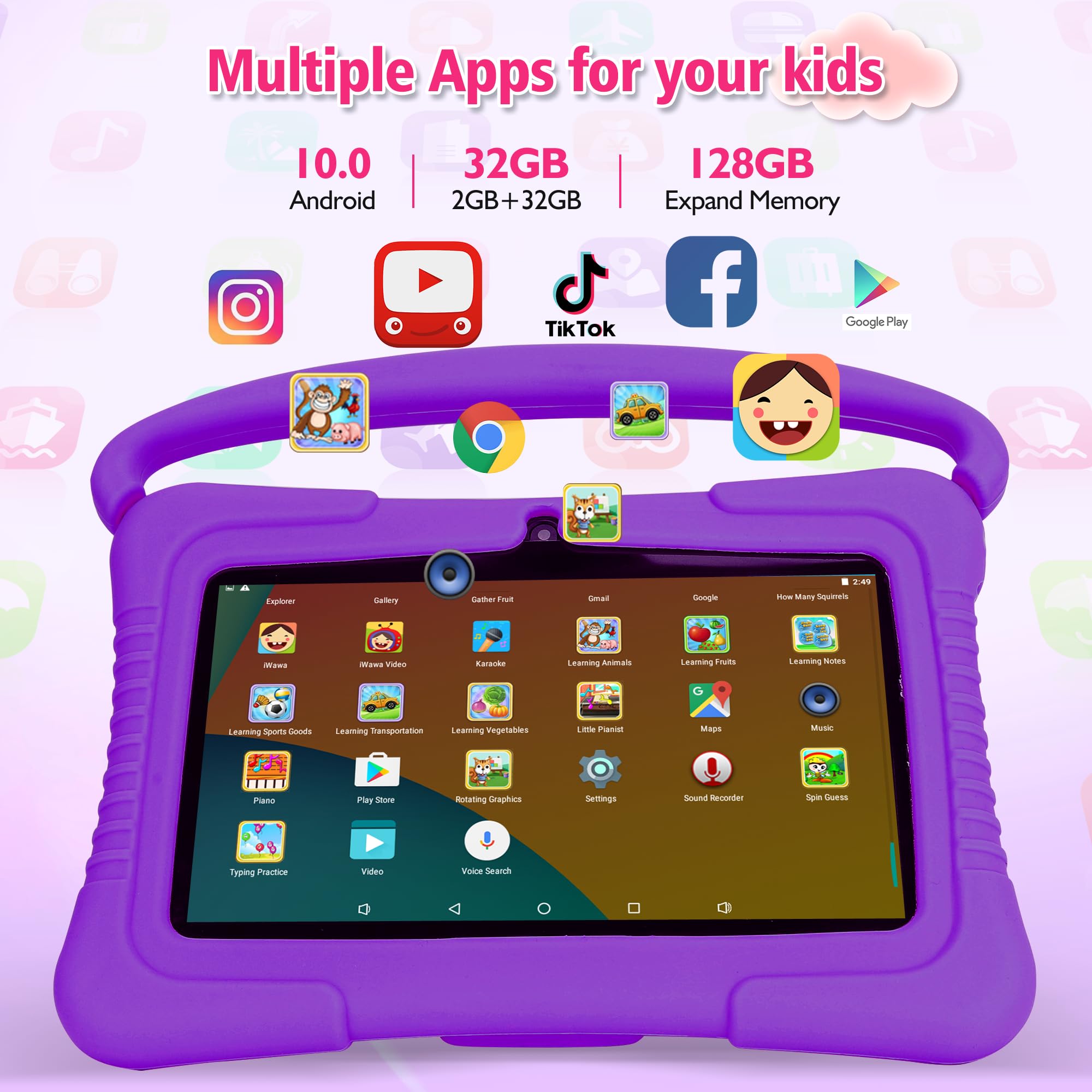 Veidoo Kids Tablet, 7 inch Android Tablet PC, 2GB RAM 32GB ROM, Safety Eye Protection Screen, WiFi, Dual Camera, Games, Parental Control APP, Tablet with Silicone Case(Purple)