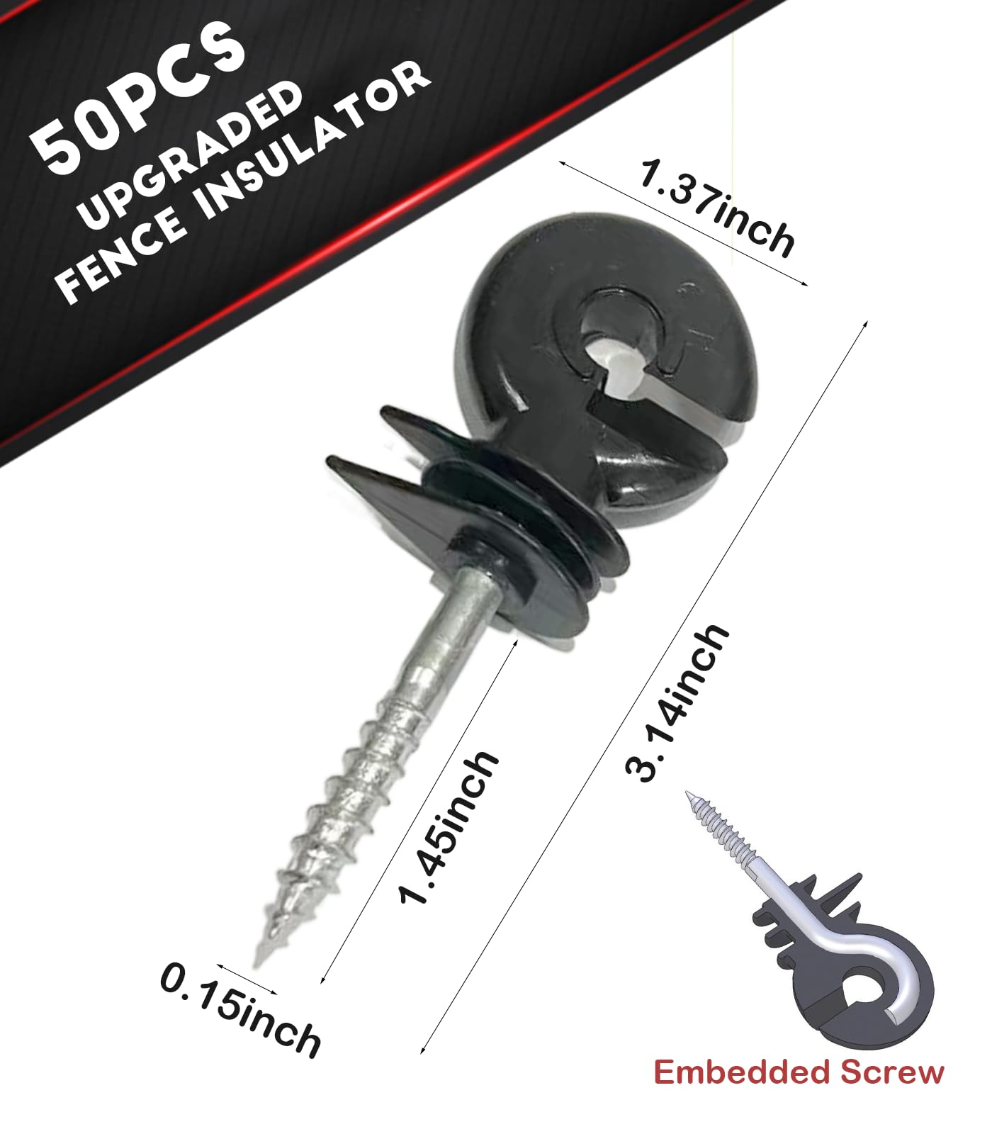 XSTOP 50Pcs Electric Insulator Screw in Insulator Ring Post Wood Post Insulator with 1 Pc Insulator Socket Tool,1 pc Fence Connection Lead and 1Pc Earth Stake Fence Accessories Kit for Fencing System