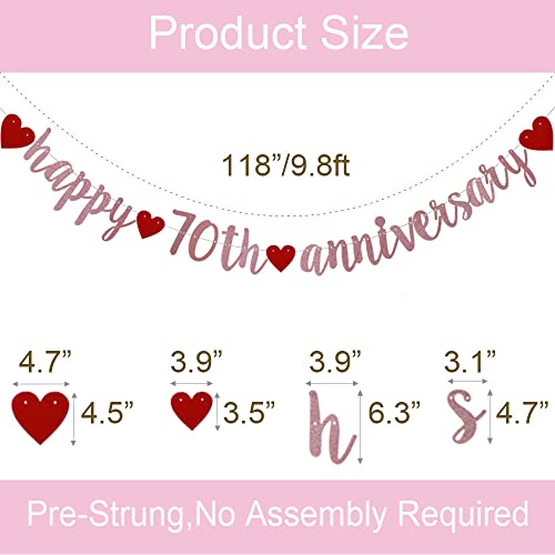 Happy 70th Anniversary Banner, Pre-Strung,Rose Gold Glitter Paper Garlands for 70th Wedding Anniversary Party Decorations Supplies, No Assembly Required,Rose Gold,SUNbetterland