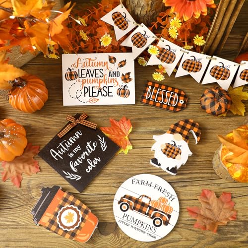 Maitys 13 Pcs Fall Tiered Tray Decor Set Thanksgiving Pumpkin Gnome Rustic Farmhouse Decor Fall Decor Autumn Harvest Decorative Trays Wooden Tabletop Signs for Home Kitchen(Orange Plaid Style)