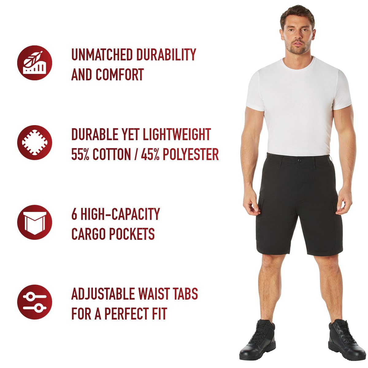 Rothco Men's Ultra Force Military Style BDU Combat Shorts, Black, Large Regular (Waist:35" to 39")
