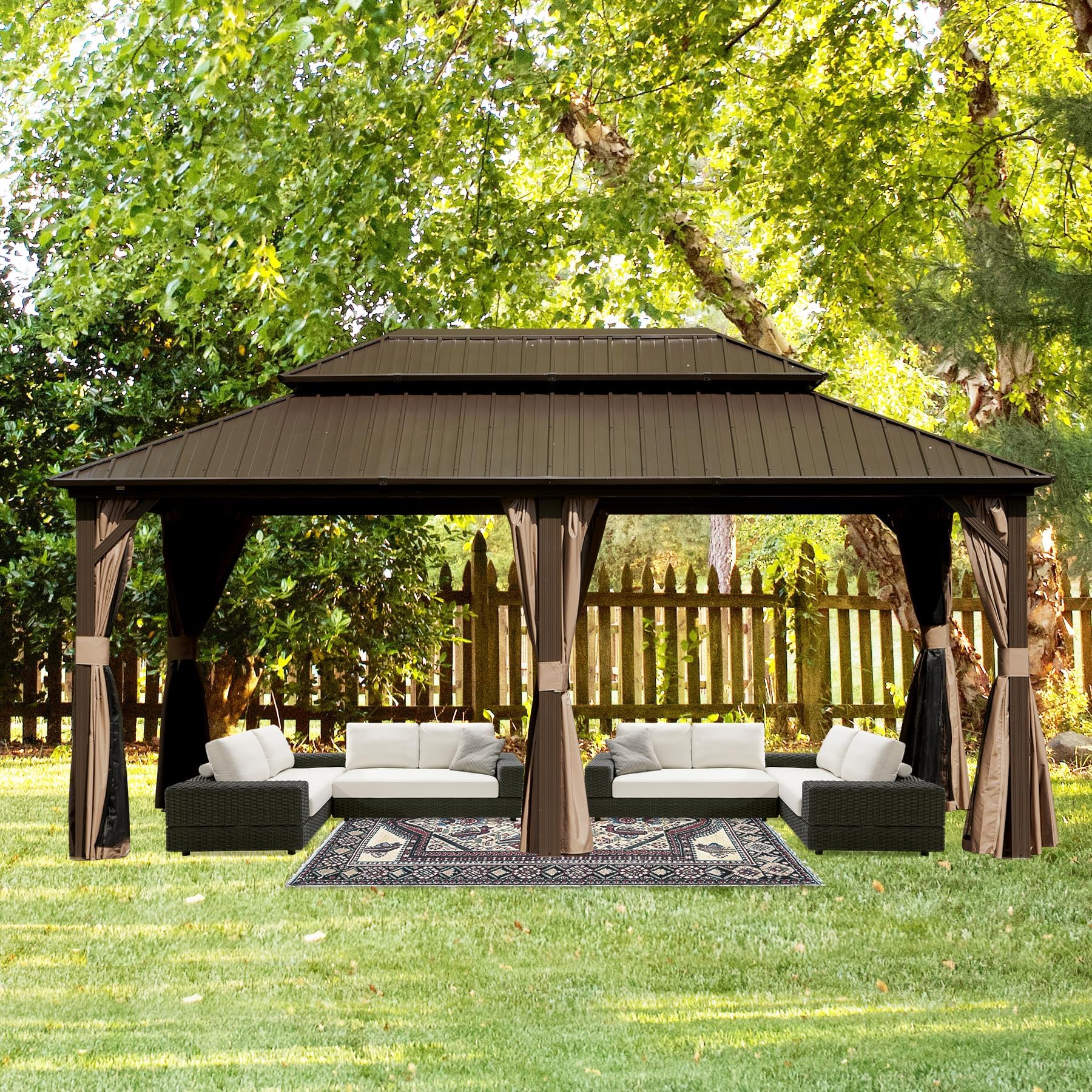 Domi 12' x 18' Hardtop Gazebo Permanent Metal Gazebo with Galvanized Steel Double Roof, Curtains and Netting for Party, Wedding, Outdoor Dining, Patio, Backyard, Brown