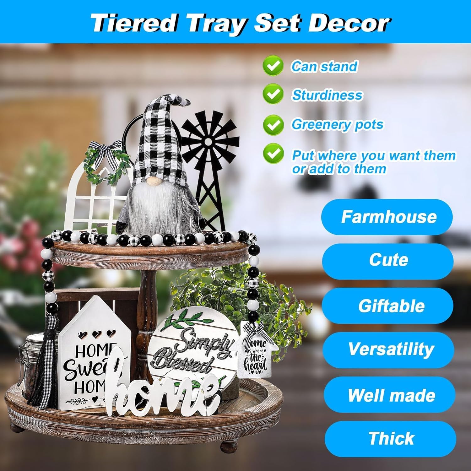 Qvutkve Tiered Tray Decor 16 Pcs, Farmhouse Decor Set, Stereoscopic Exquisite Relief Design Sign Rustic Table Ornaments for Kitchen Table Decoration, Gift