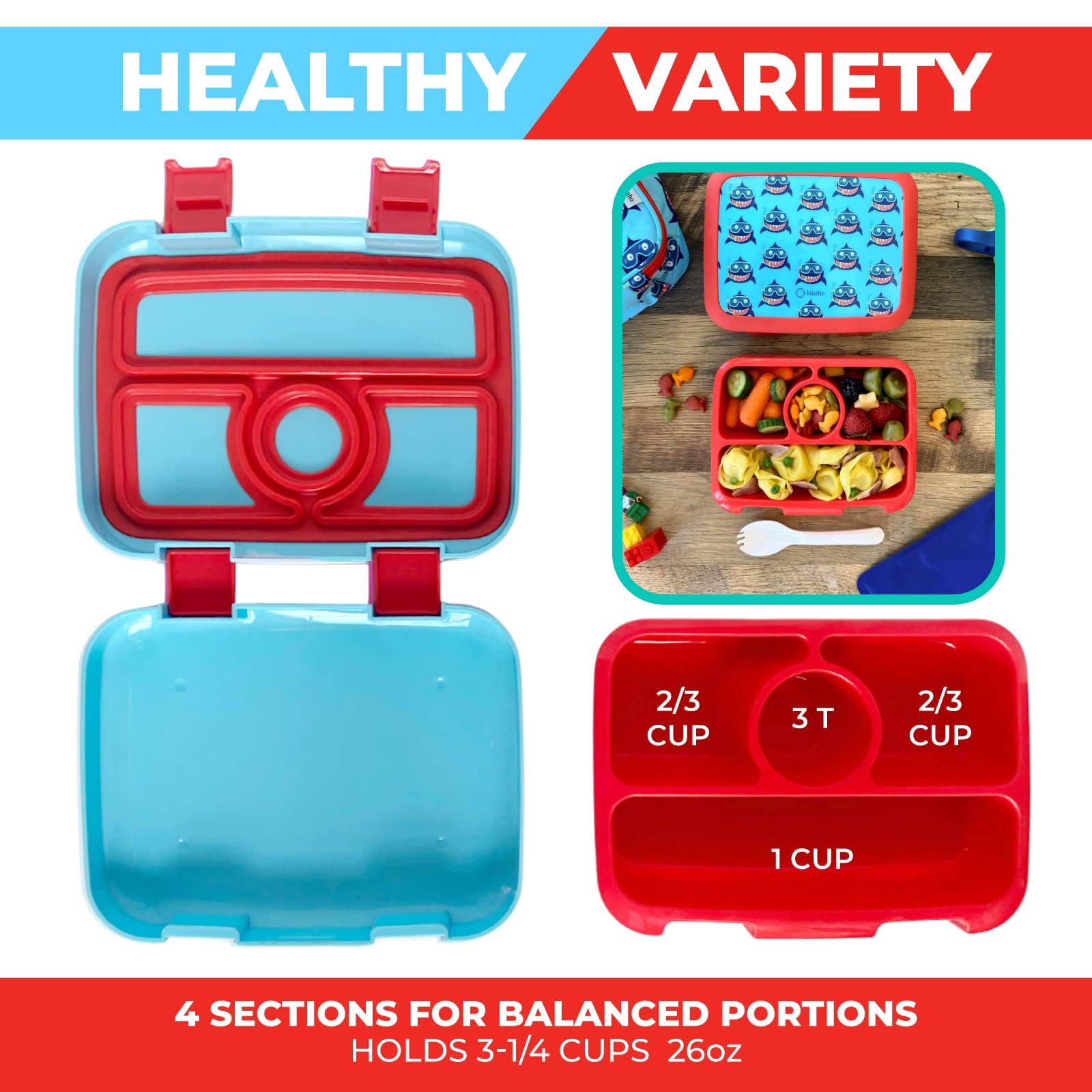 kinsho Bento Lunch Box Insulated Bag, Water Bottle & Ice Pack Set for Kids Toddlers, 4 Portion Sections, Removable Tray, PreSchool Kid Toddler Daycare Lunches, Snack Container, Blue Shark