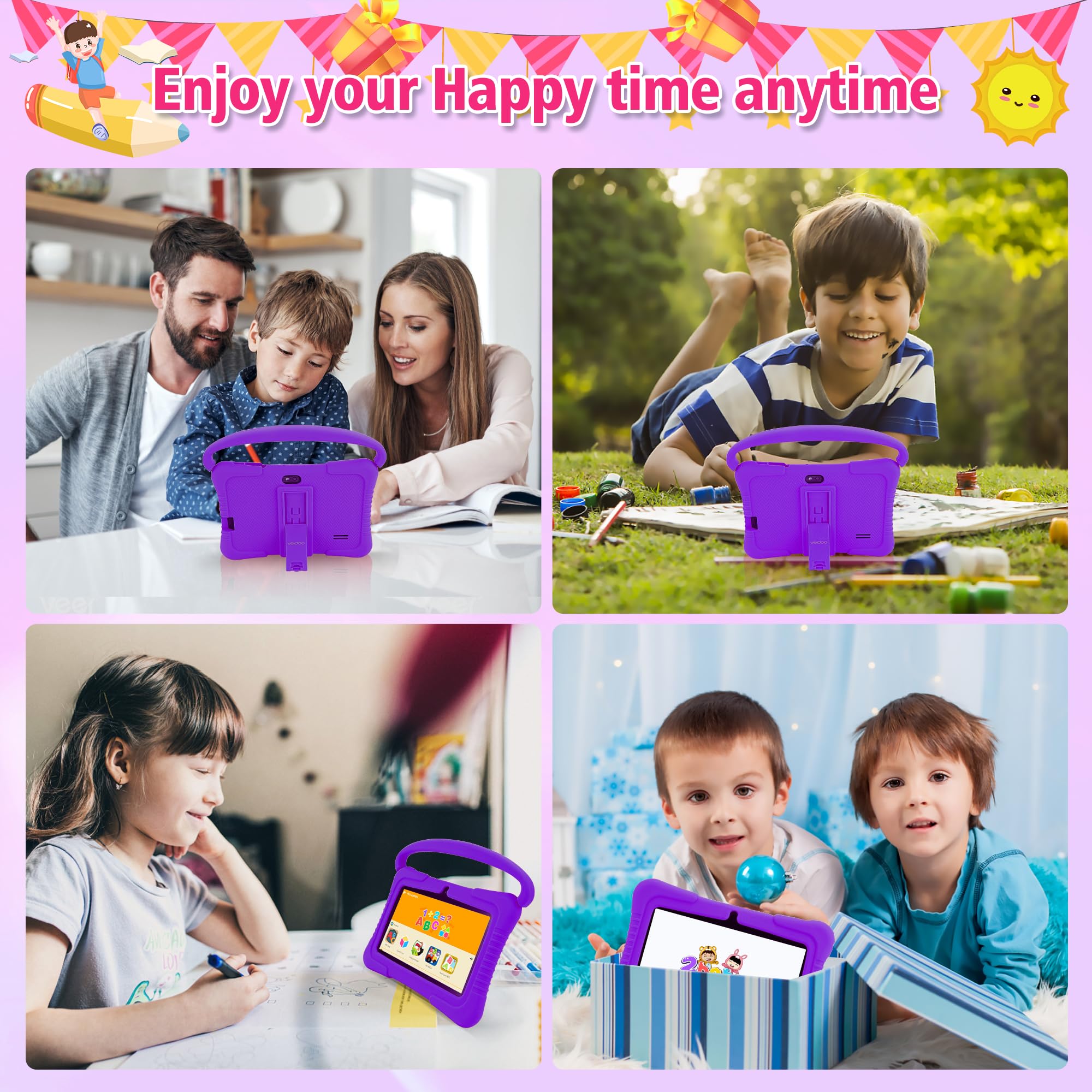 Veidoo Kids Tablet, 7 inch Android Tablet PC, 2GB RAM 32GB ROM, Safety Eye Protection Screen, WiFi, Dual Camera, Games, Parental Control APP, Tablet with Silicone Case(Purple)