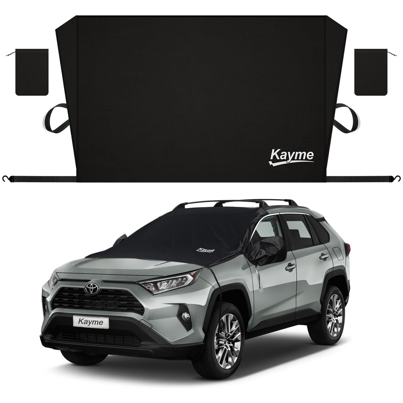 Kayme Windshield Snow Cover, Winter Car Window Covers All Weather Water Snow, Ice, Frost, Dust, Sun Protection with Side Mirror Covers, Fits Most Cars, Trucks, Vans, SUVs Etc. (75 x 57 Inches)
