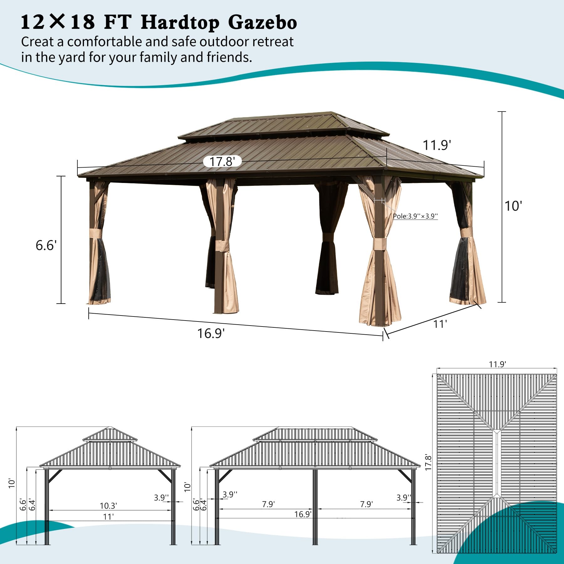 Domi 12' x 18' Hardtop Gazebo Permanent Metal Gazebo with Galvanized Steel Double Roof, Curtains and Netting for Party, Wedding, Outdoor Dining, Patio, Backyard, Brown