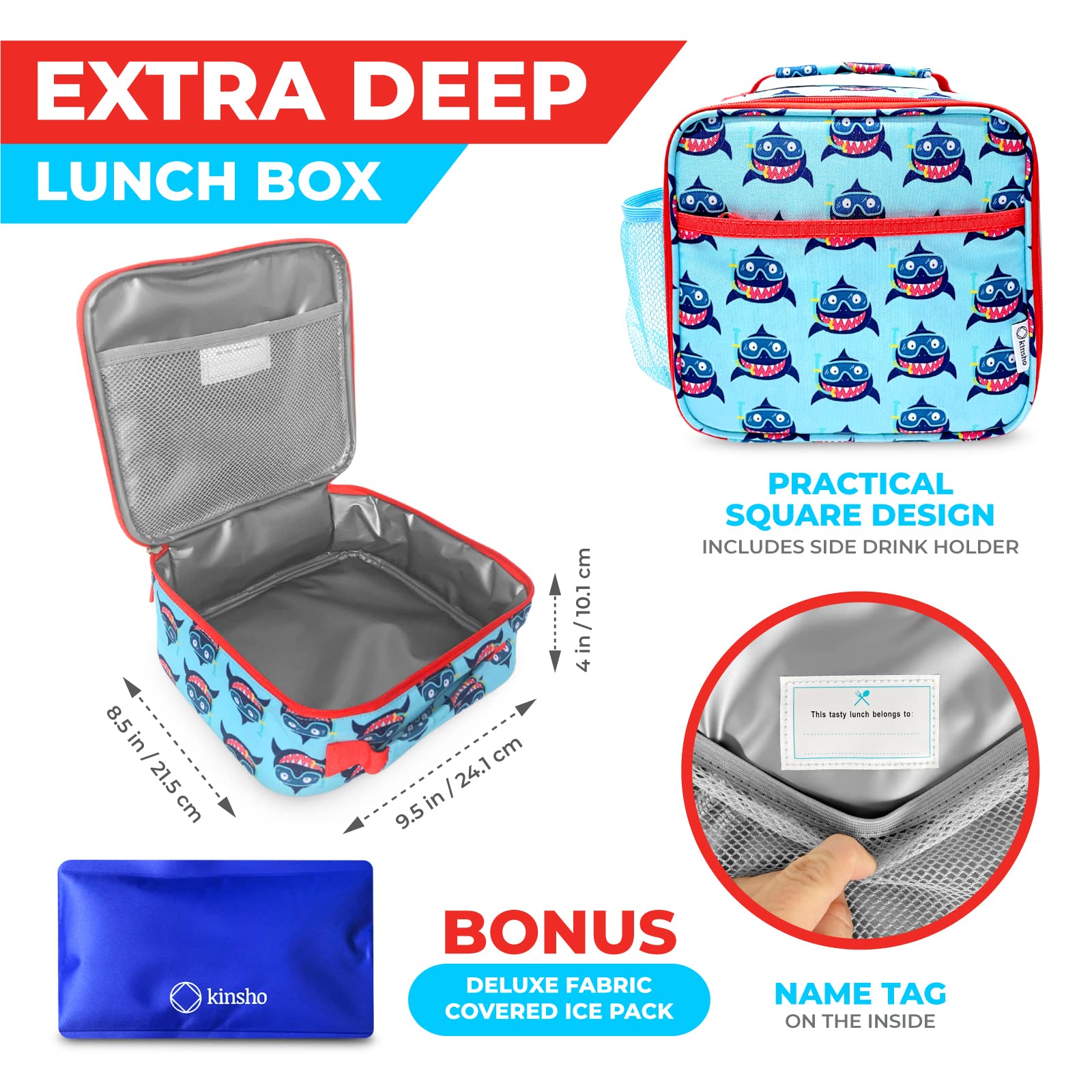 kinsho Bento Lunch Box Insulated Bag, Water Bottle & Ice Pack Set for Kids Toddlers, 4 Portion Sections, Removable Tray, PreSchool Kid Toddler Daycare Lunches, Snack Container, Blue Shark