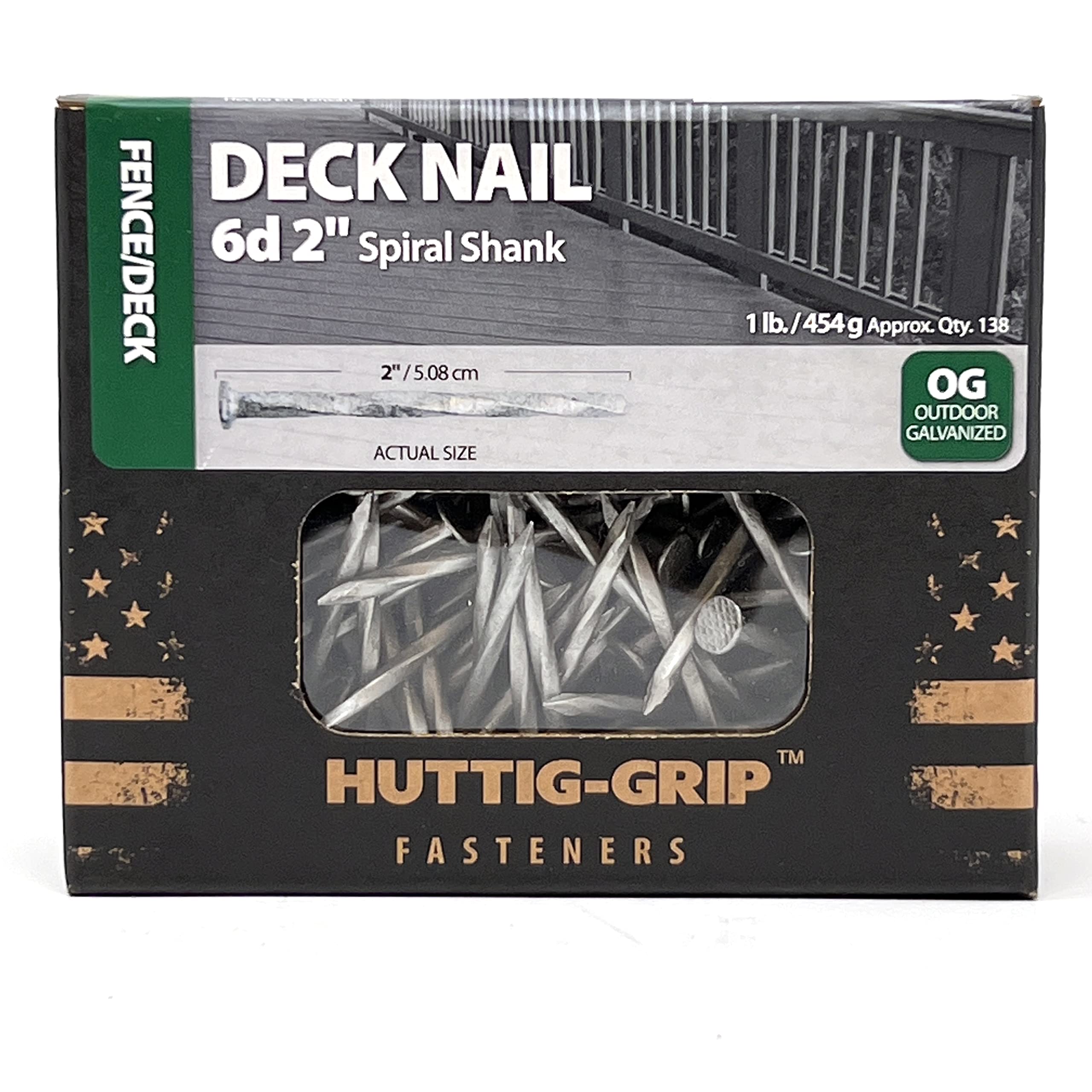 Huttig-Grip Fence Deck Nails 2 inches 6d for Wood Fencing HGN6OGSTDK1 Spiral Shank Outdoor Galvanized Finish, 1 lb Pack of 138 Nails