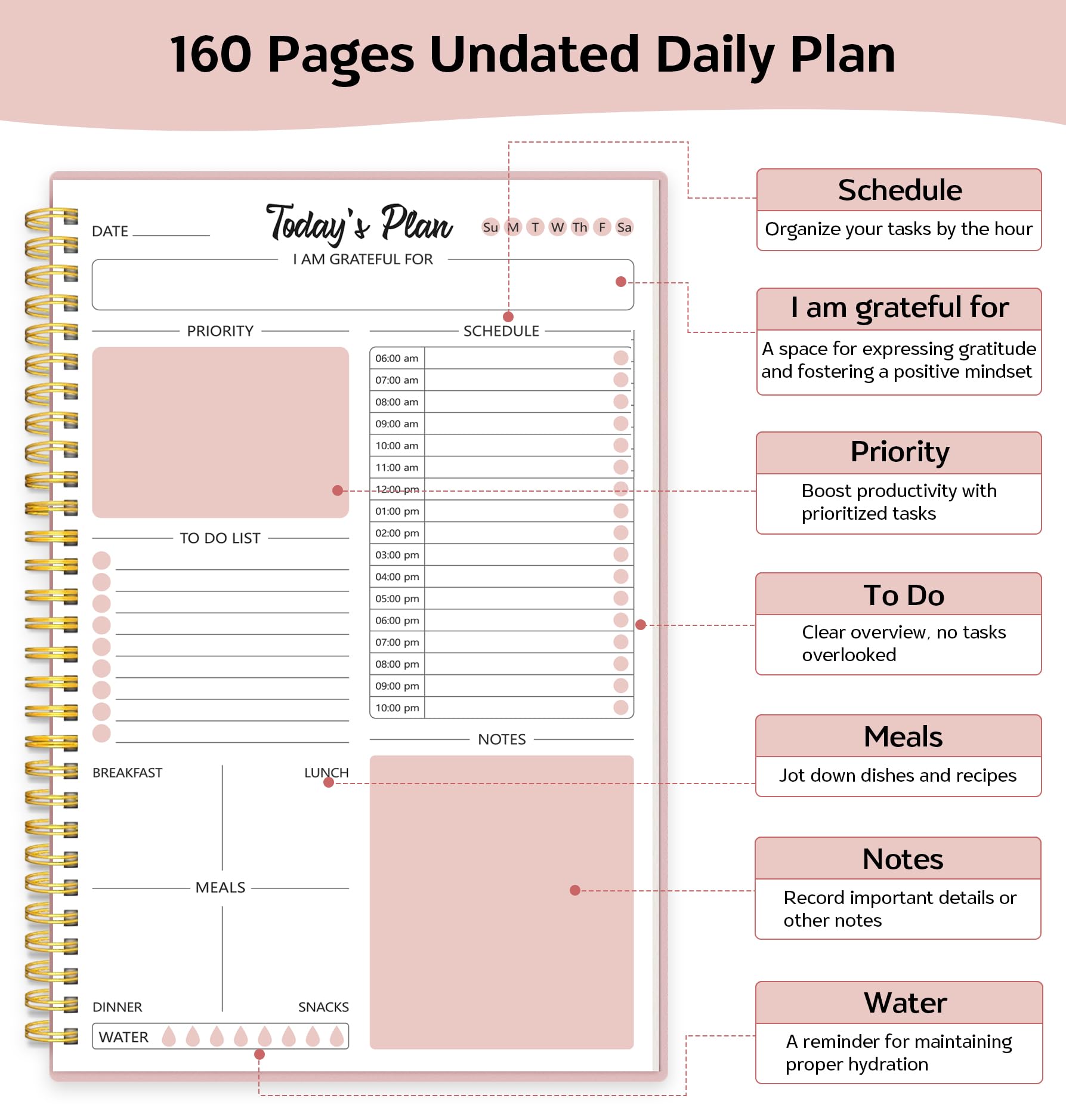 Daily Planner Undated, To Do List Notebook Planner with Hourly Schedule, Work Planner To Stay Organized And Boost Productivity, Appointment Organizer for Man/Women,160 Pages, B5 Size(6.9"x9.9")-Pink