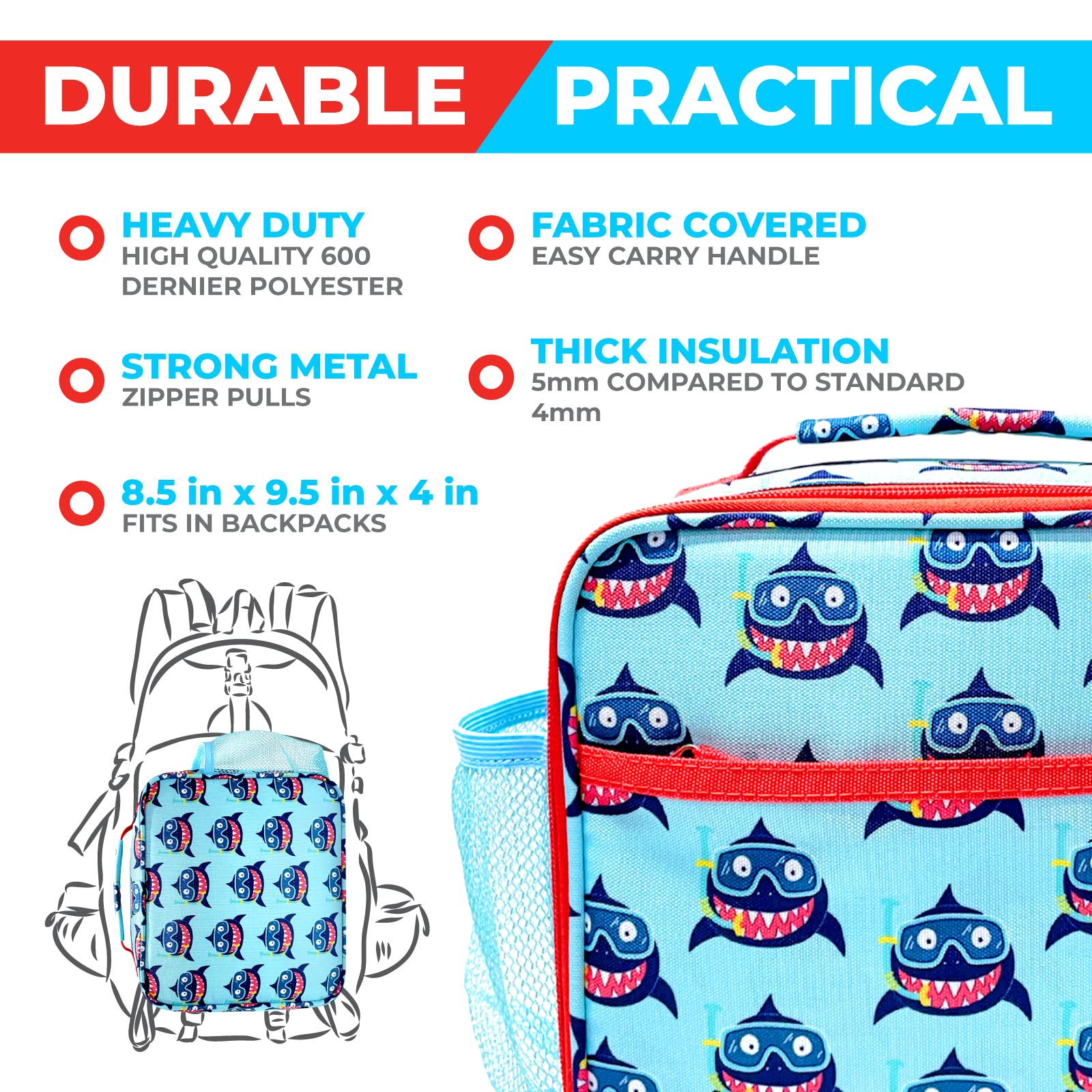 kinsho Bento Lunch Box Insulated Bag, Water Bottle & Ice Pack Set for Kids Toddlers, 4 Portion Sections, Removable Tray, PreSchool Kid Toddler Daycare Lunches, Snack Container, Blue Shark