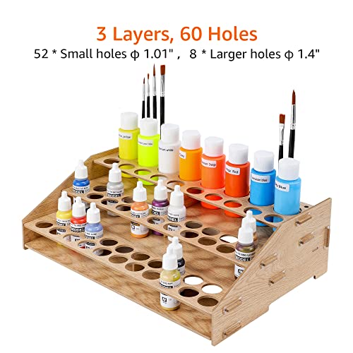Amazon Basics Craft Paint & Brush Organizer Rack, Holds up to 60 Bottles (52 1-inch bottles and 8 1.47-inch bottles) and 22 brushes - 14 x 8 Inches, Wood Finish