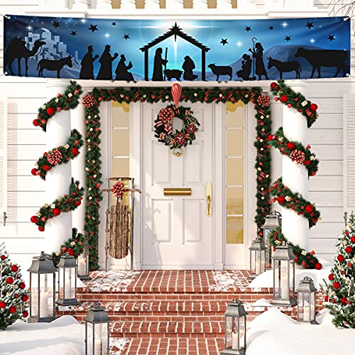 Manger Scene Religious Christmas Banner Decoration- Holy Nativity Christmas Yard Sign Banner for Outside 2022 Xmas Decoration
