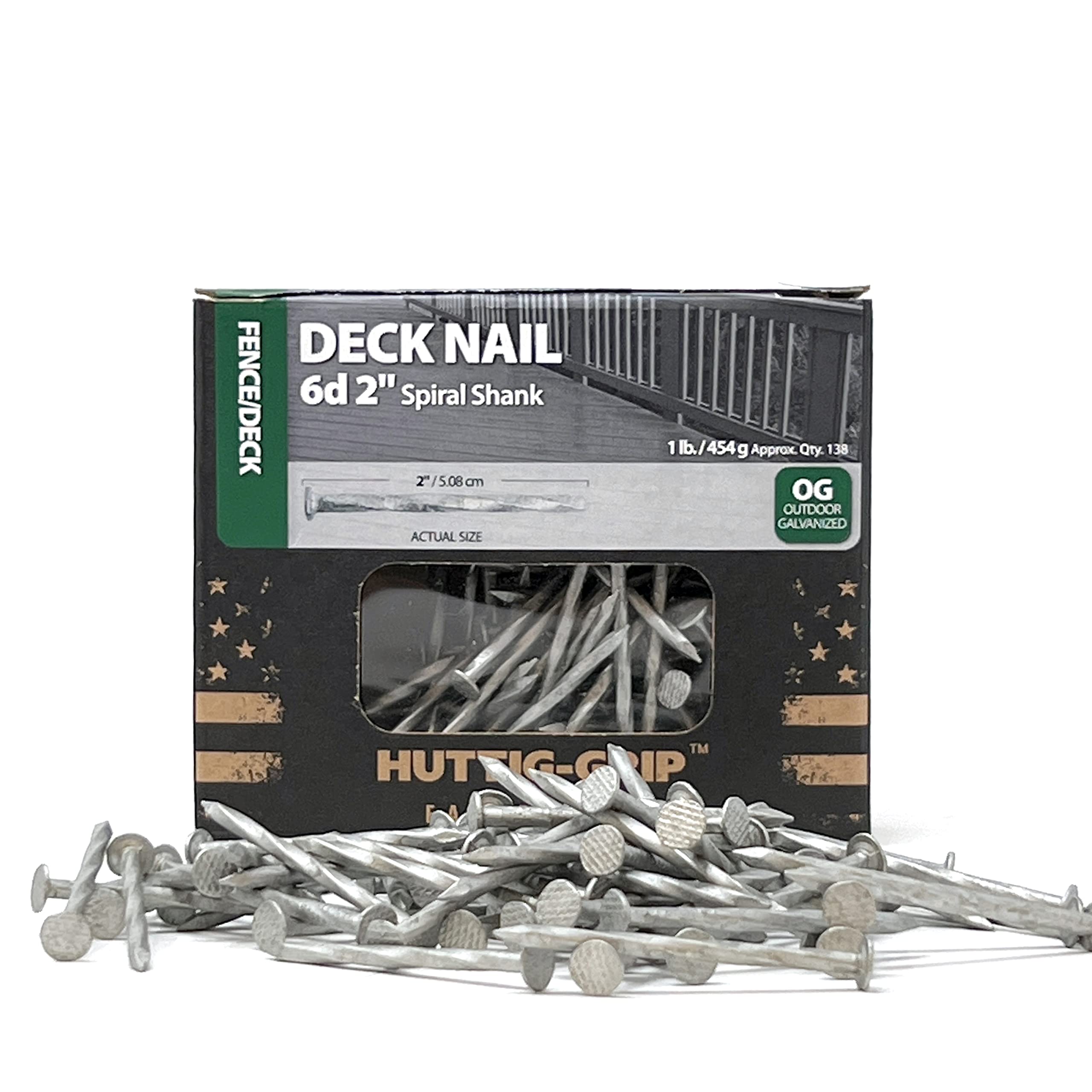 Huttig-Grip Fence Deck Nails 2 inches 6d for Wood Fencing HGN6OGSTDK1 Spiral Shank Outdoor Galvanized Finish, 1 lb Pack of 138 Nails