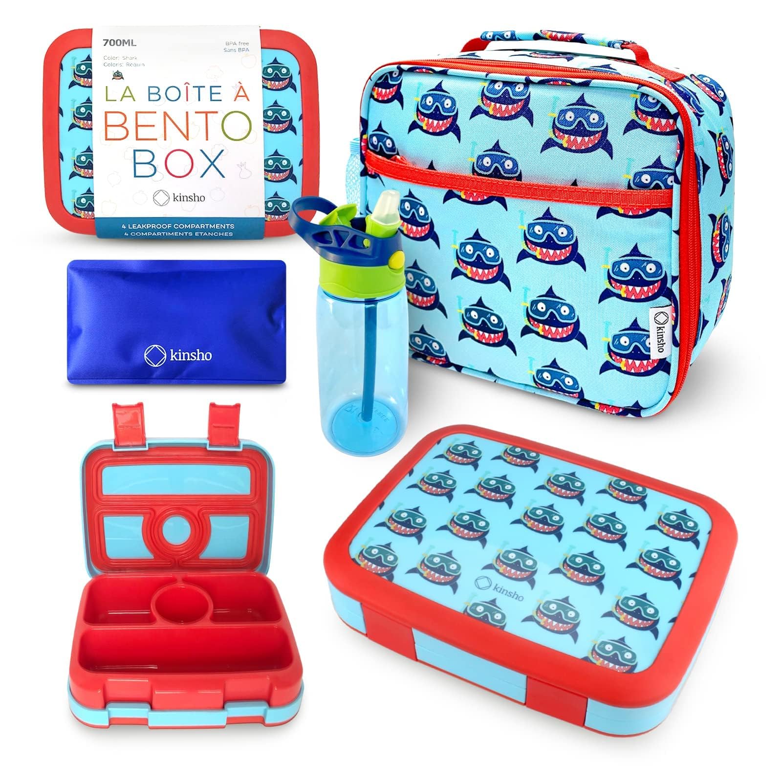 kinsho Bento Lunch Box Insulated Bag, Water Bottle & Ice Pack Set for Kids Toddlers, 4 Portion Sections, Removable Tray, PreSchool Kid Toddler Daycare Lunches, Snack Container, Blue Shark