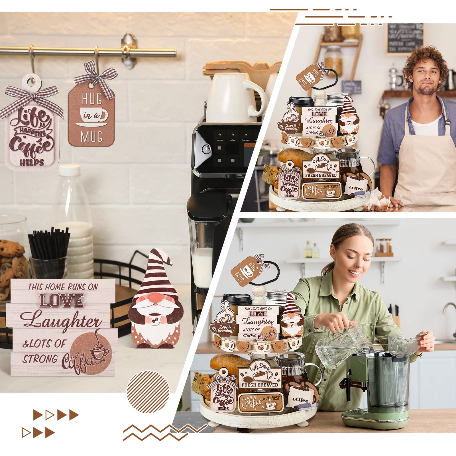 14 Pieces Coffee Tiered Tray Decor Set Coffee Theme Tiered Tray Decor Coffee Wood Signs Coffee Sign Rustic Trays Decor for Summer Home Kitchen Table Decor
