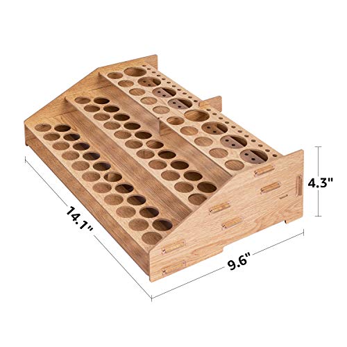 Amazon Basics Craft Paint & Brush Organizer Rack, Holds up to 60 Bottles (52 1-inch bottles and 8 1.47-inch bottles) and 22 brushes - 14 x 8 Inches, Wood Finish