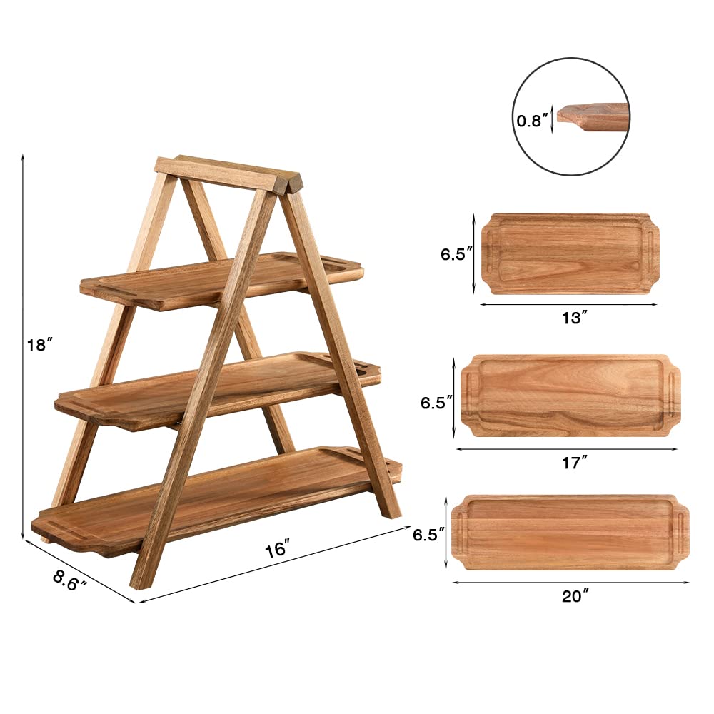 KADAR Acacia Wood Tiered Serving Tray, 3 Tier Serving Platter Party Serving Dishes Trays Platters-3 Trays of Max Length 20” and 6.5” Width