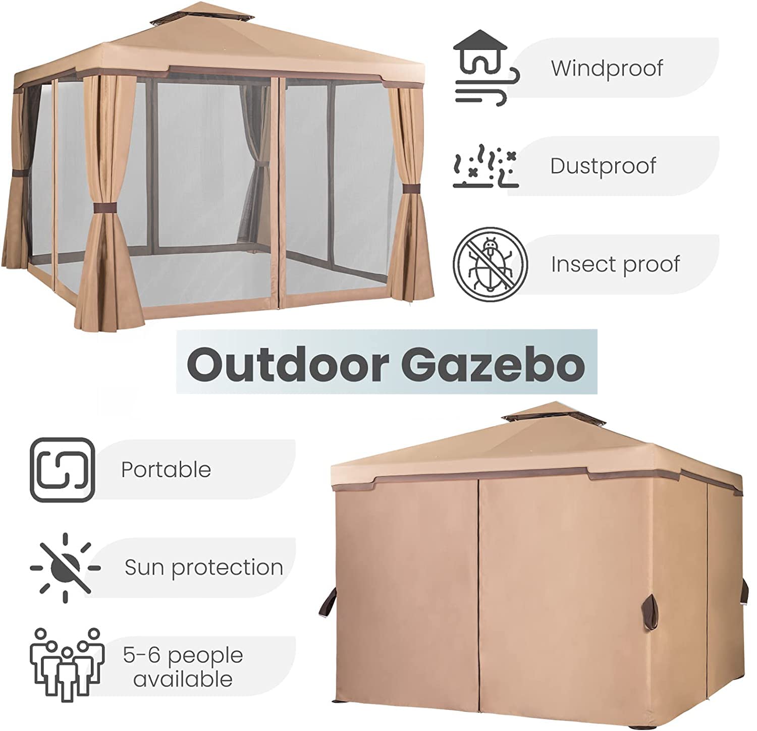 SUNCROWN 10 x 10 FT Outdoor Gazebo for Patio Iron Frame Garden Permanent Gazebo with Vented Soft Canopy and Mosquito Netting, Brown