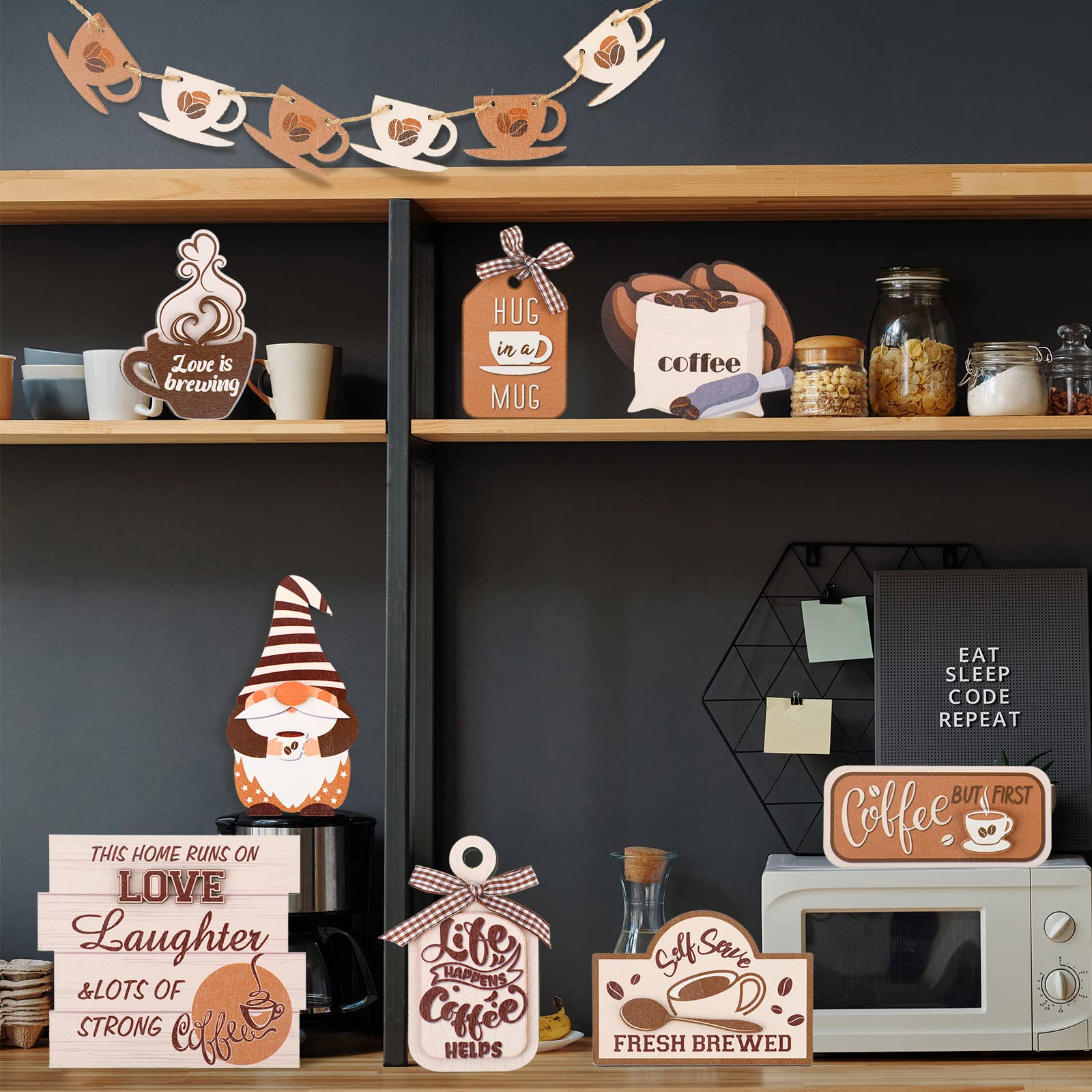 14 Pieces Coffee Tiered Tray Decor Set Coffee Theme Tiered Tray Decor Coffee Wood Signs Coffee Sign Rustic Trays Decor for Summer Home Kitchen Table Decor