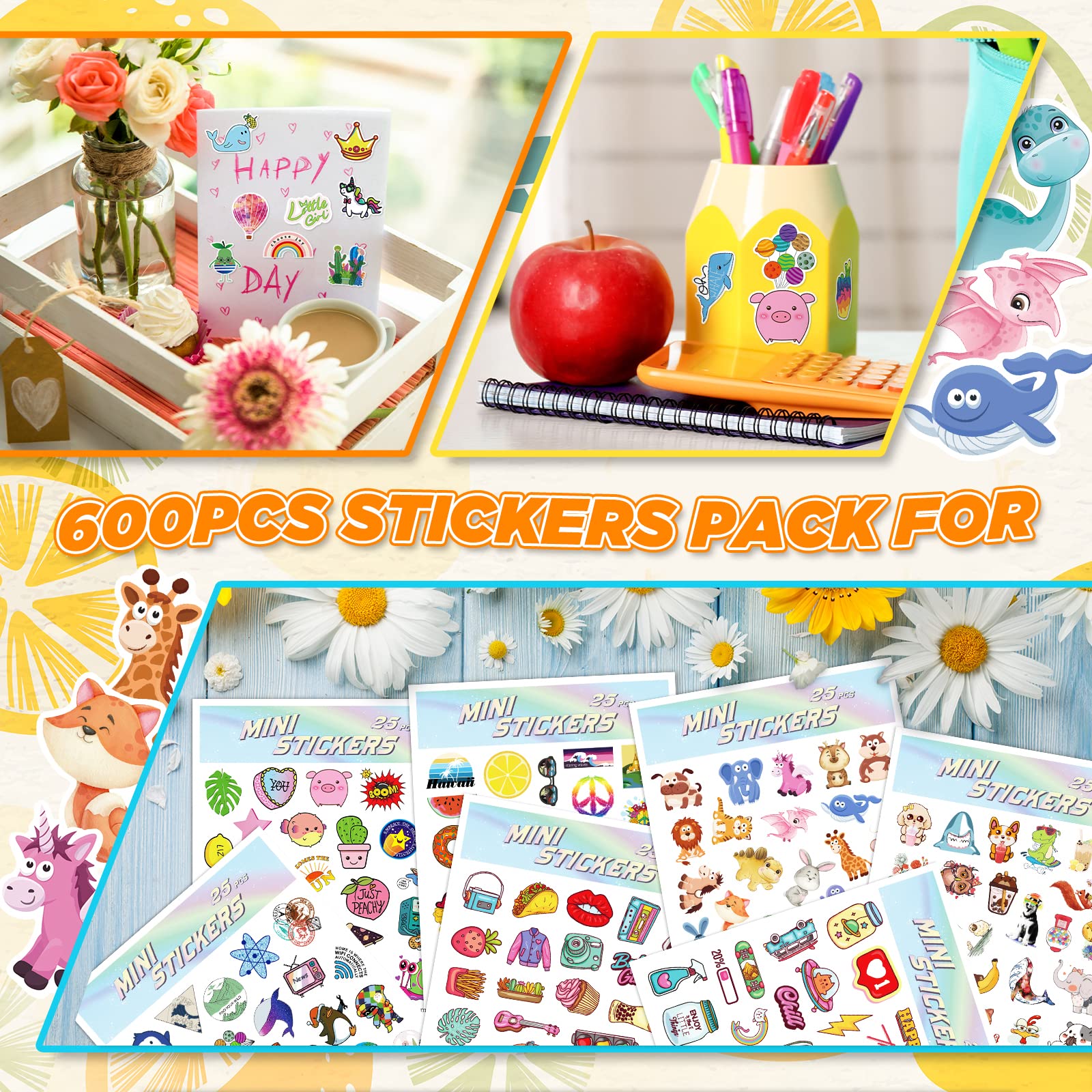 Mini Stickers for Kids, 600pcs Water Bottle Stickers Sheet for Teens, Adults, Cute Vinyl Waterproof Stickers Decals for Laptop, Scrapbook, Gift for Teacher, Student
