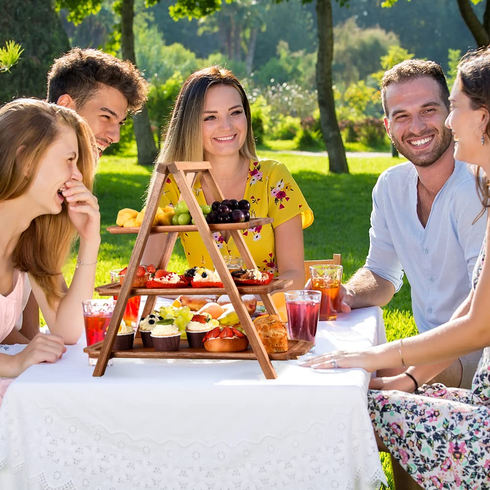 KADAR Acacia Wood Tiered Serving Tray, 3 Tier Serving Platter Party Serving Dishes Trays Platters-3 Trays of Max Length 20” and 6.5” Width