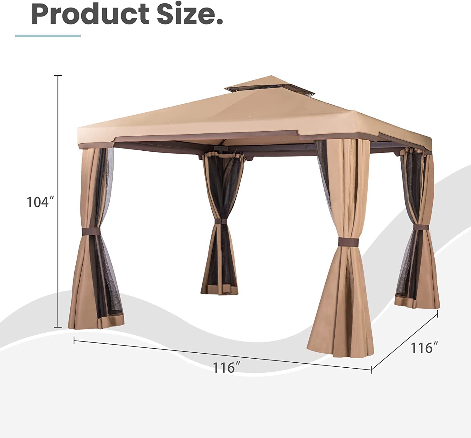 SUNCROWN 10 x 10 FT Outdoor Gazebo for Patio Iron Frame Garden Permanent Gazebo with Vented Soft Canopy and Mosquito Netting, Brown