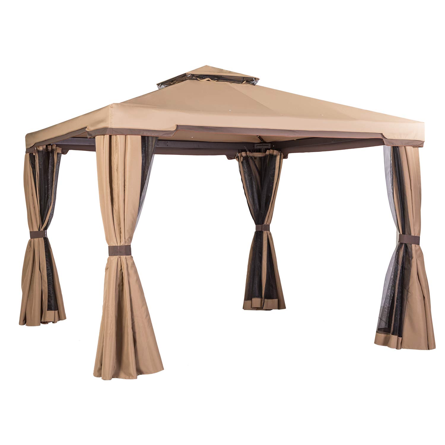 SUNCROWN 10 x 10 FT Outdoor Gazebo for Patio Iron Frame Garden Permanent Gazebo with Vented Soft Canopy and Mosquito Netting, Brown