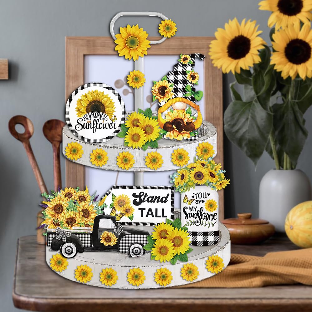 Spring Sunflower Tiered Tray Decor Set Farmhouse Tiered Tray Decor Sunshine Wood Sign Sunflower Kitchen Decor for Home Table Shelf